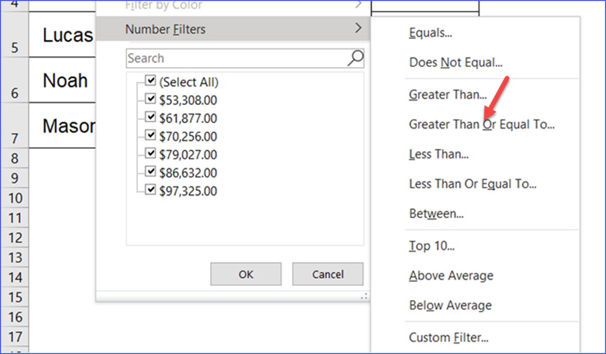 How To Filter A Data Range To Have Values Great Than Or Equals To A Number Excelnotes