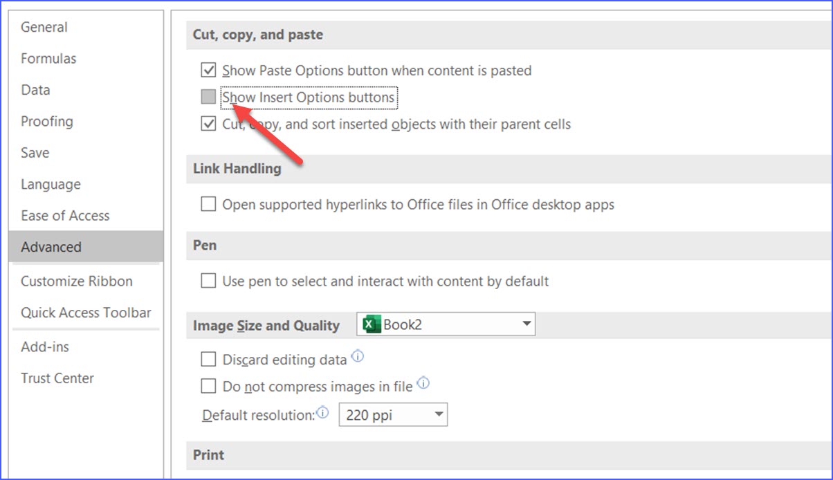 How to Hide Insert Options Buttons - ExcelNotes