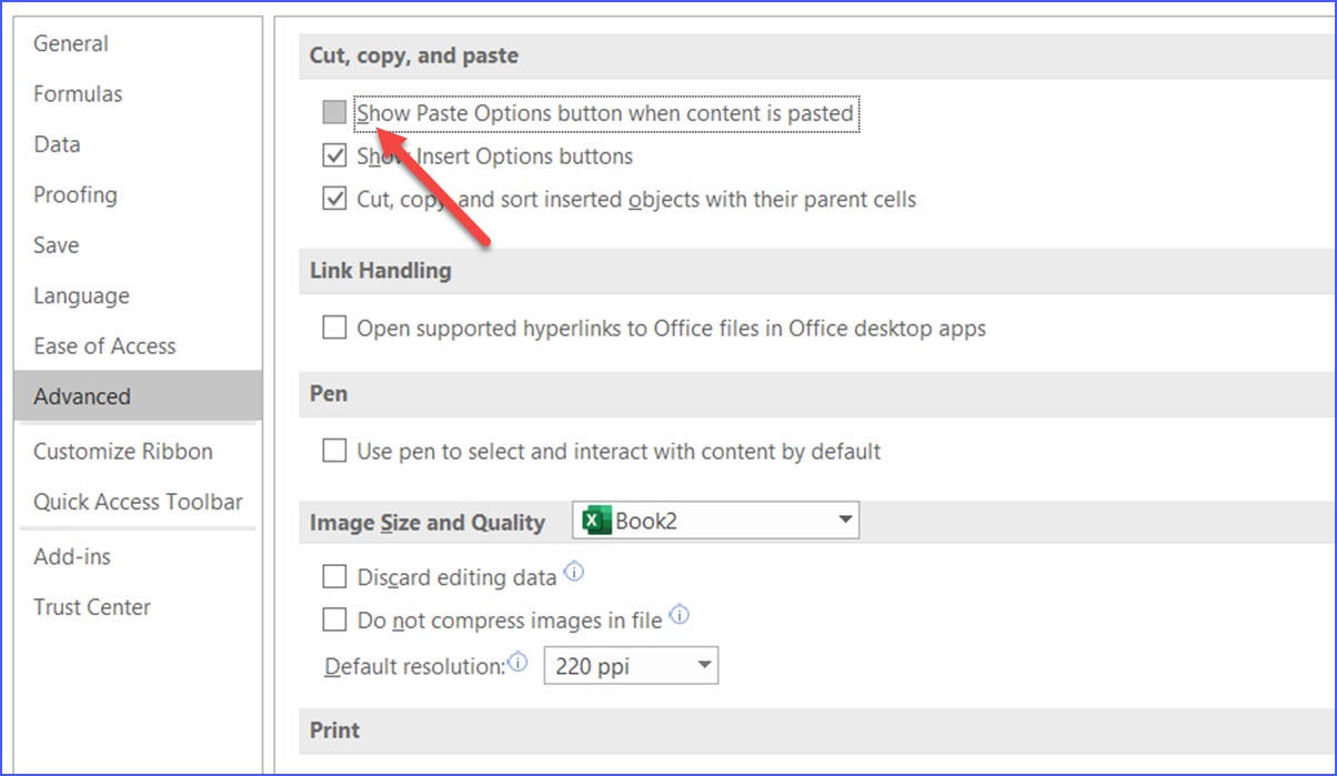 How to Disable Showing Paste Options Button - ExcelNotes