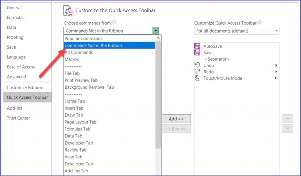 How To Add A Command To Quick Access Toolbar Not In The Ribbon Excelnotes