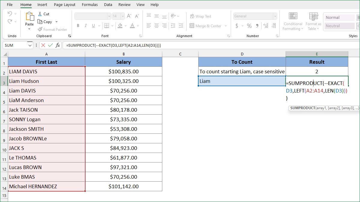 How To Count Cells Starting A Text String Case Sensitive Excelnotes