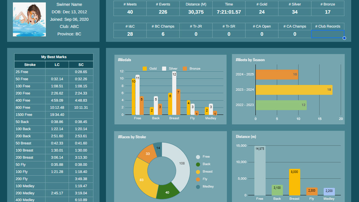 Swimming Marks Dashboard - ExcelNotes